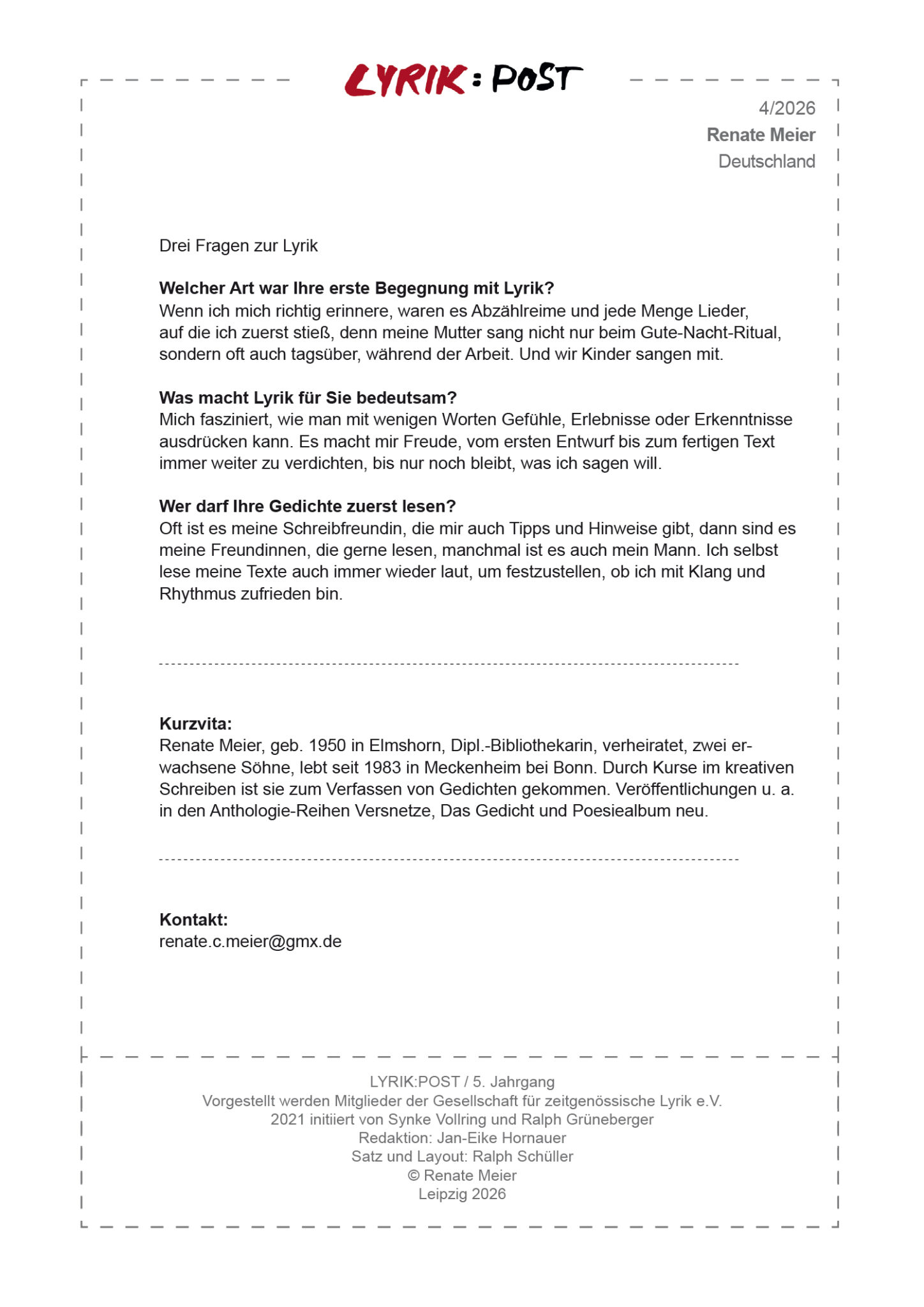 LYRIK:POST #04/26 mit Renate Meier - lyrikgesellschaft.de